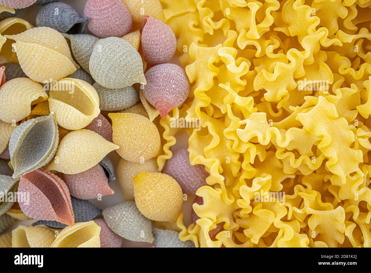 Colored Italian pasta in the shaped of seashells with yellow, pink, and ...