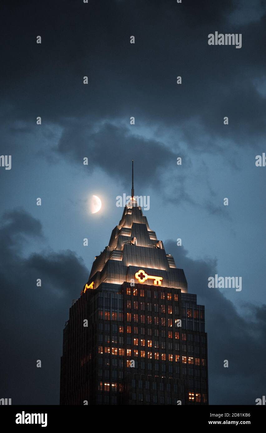 Key Tower at night with the moon in cleveland ohio Stock Photo - Alamy