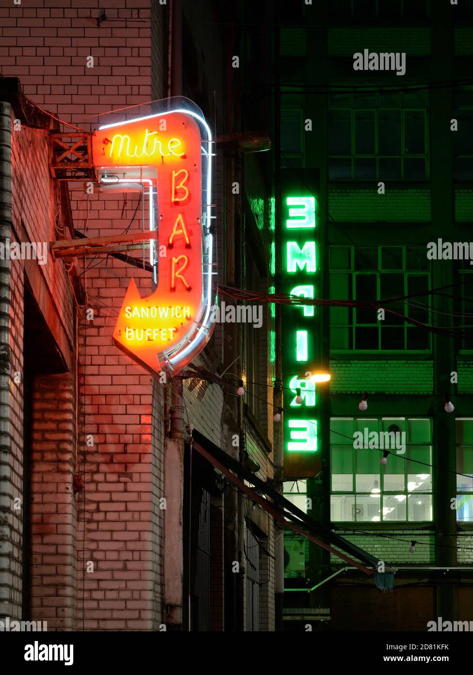 The Mitre Bar and Empire neon signs illuminated during the Merchant ...