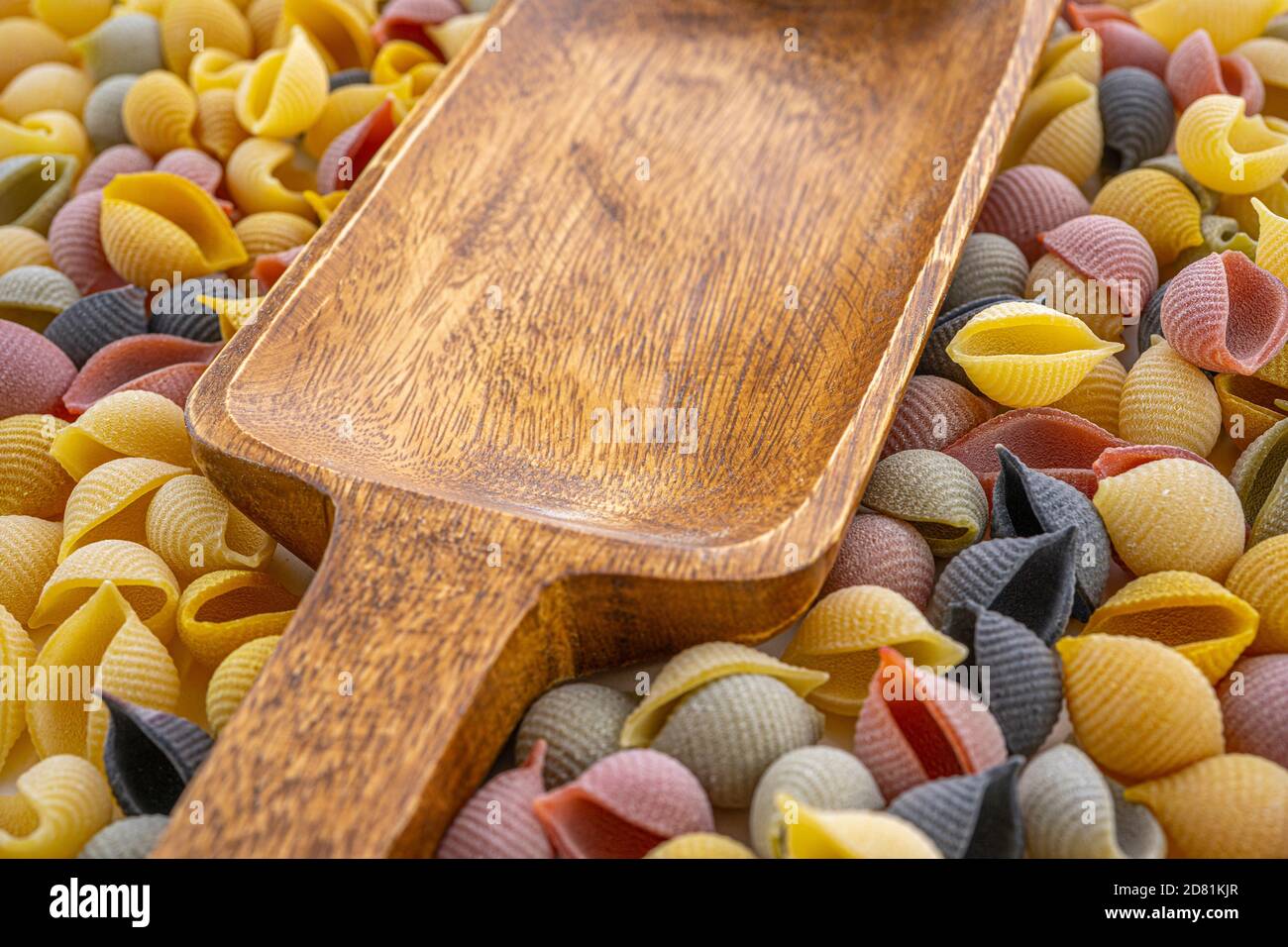 Italian uncooked colored pasta in the shaped of seashells with yellow ...