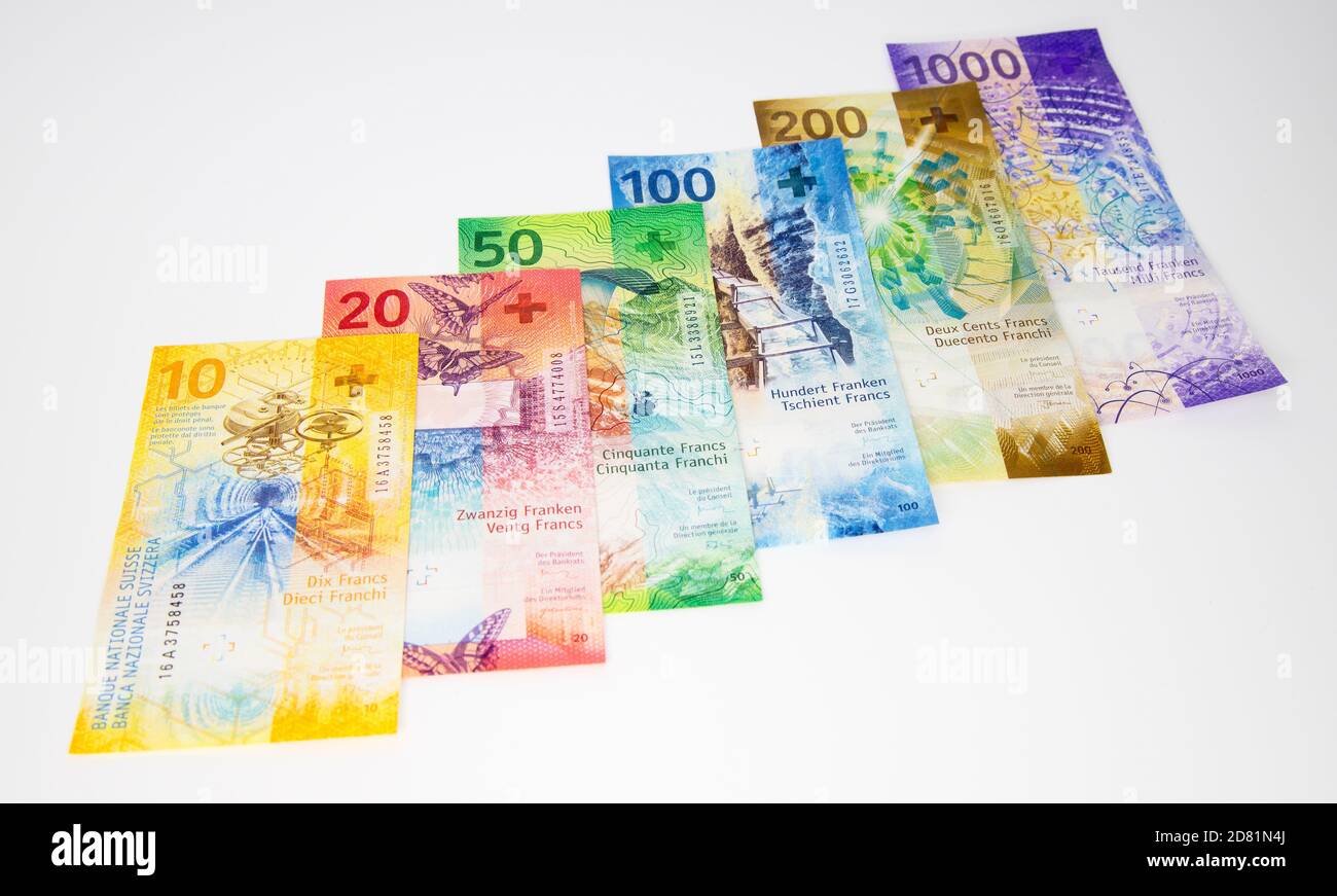 Collection of the Swiss franks banknotes (new issue 2016-2019). 1000 ...