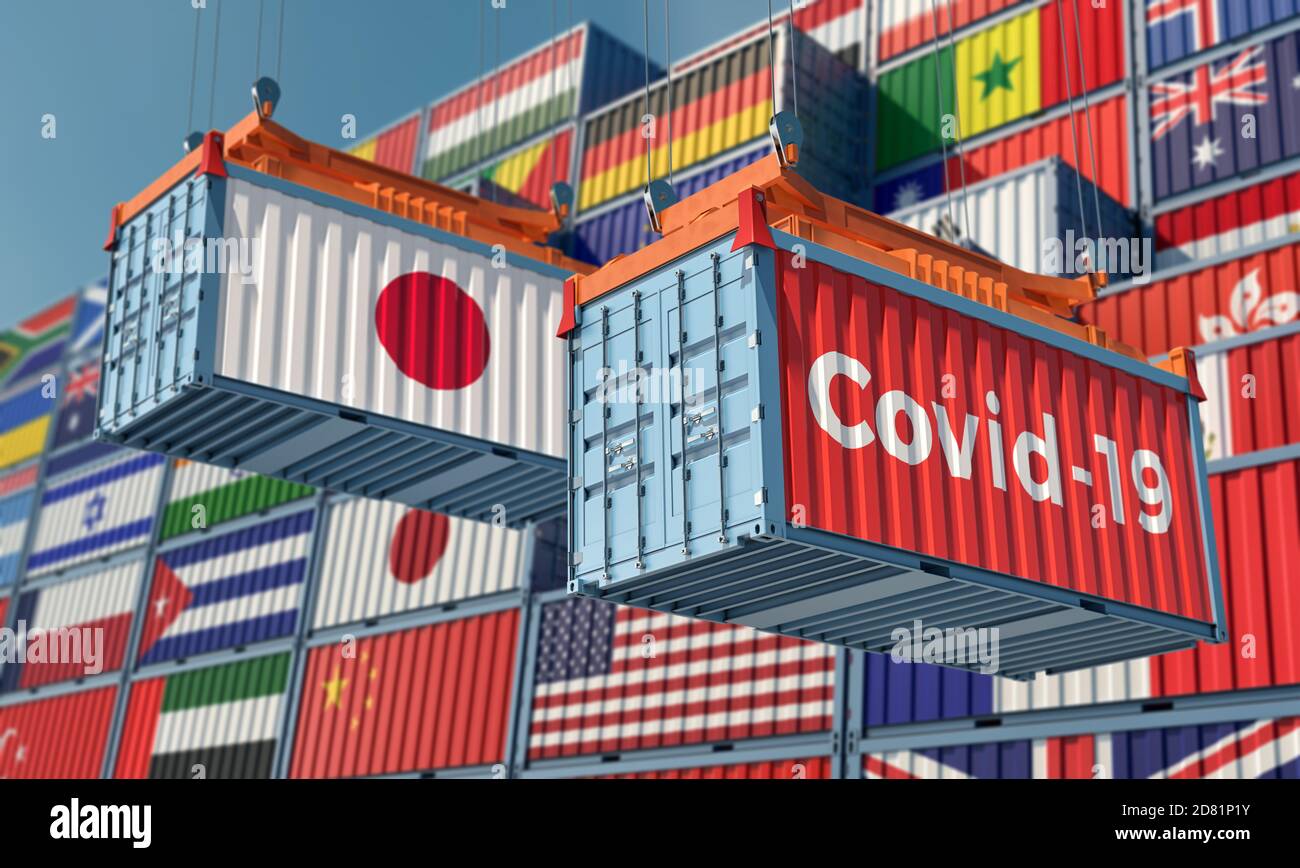 Container with Coronavirus Covid-19 text on the side and container with ...