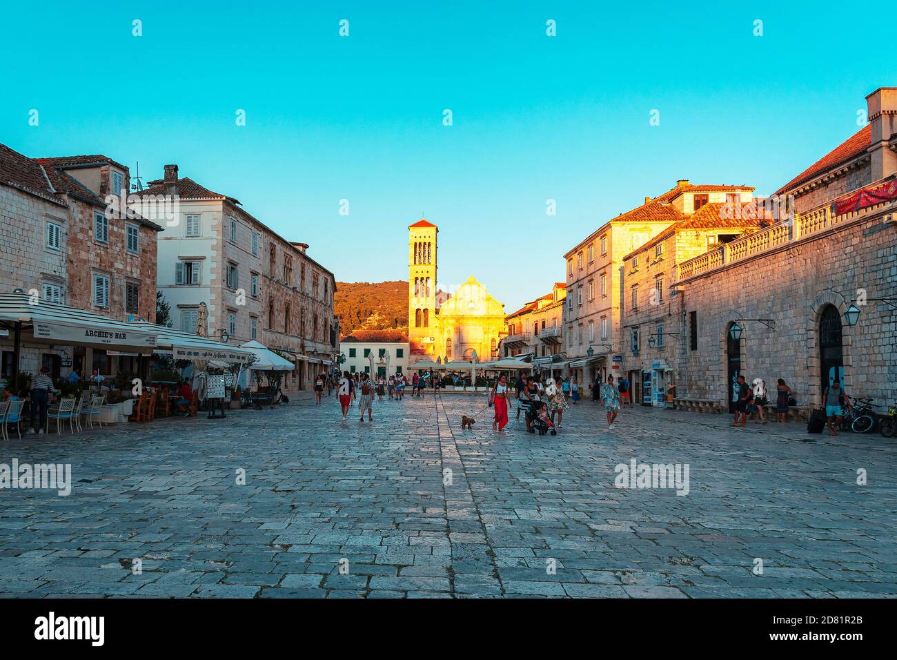 Hvar Croatia - 17 August 2020: Main square of Hvar town with walking ...