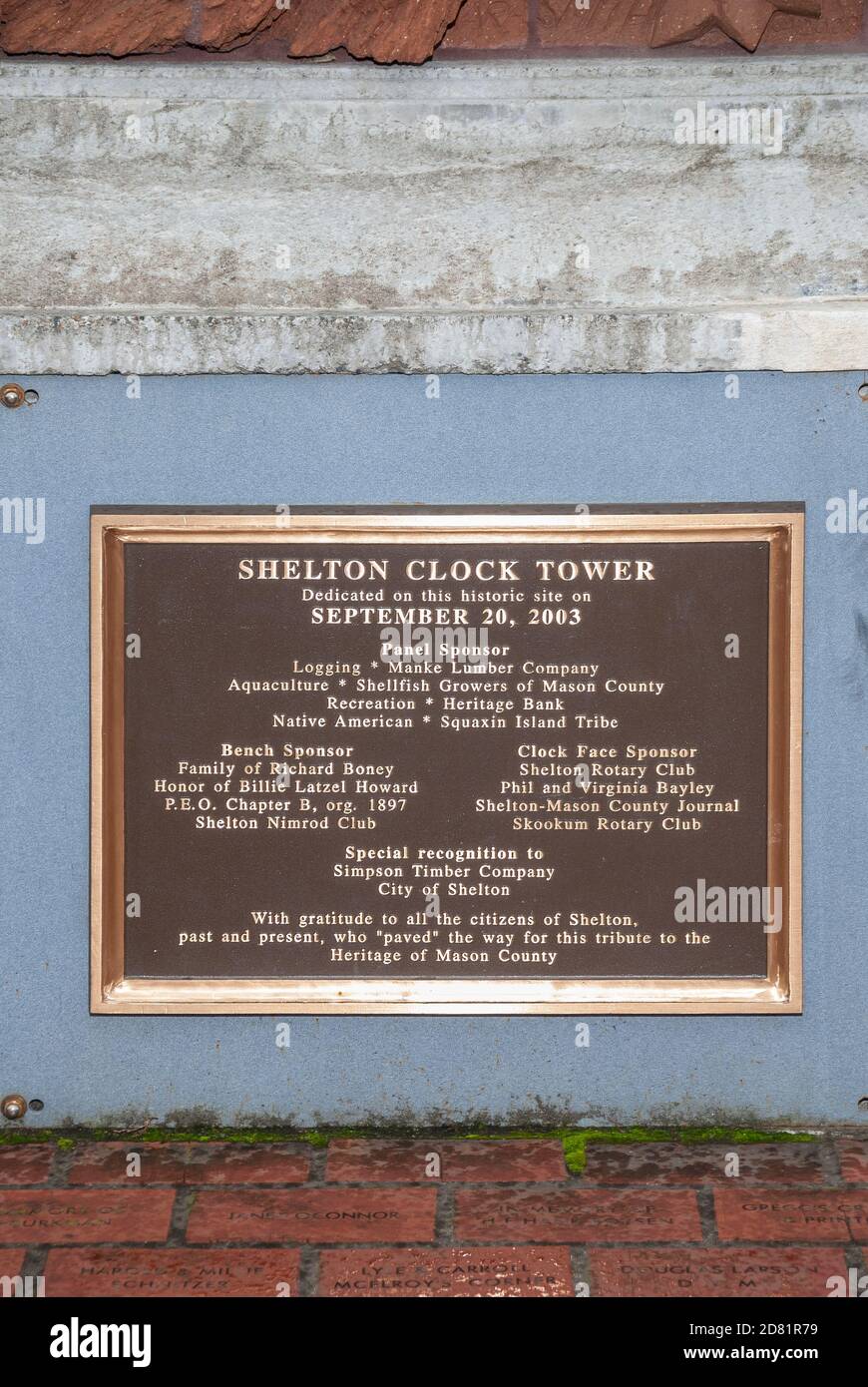 Dedication plaque at the Shelton Clock Tower in Shelton, Washington ...