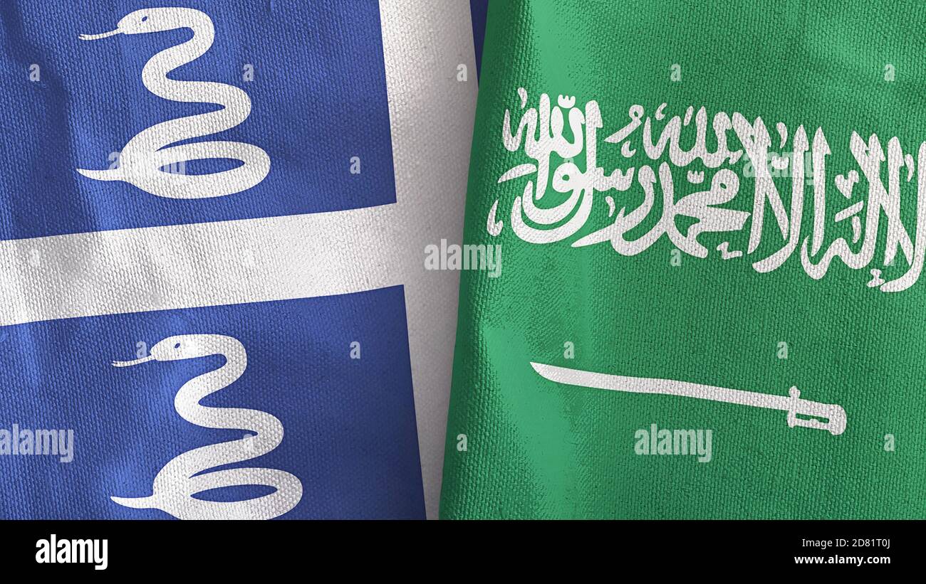 Saudi Arabia and Martinique snake two flags textile cloth 3D rendering ...