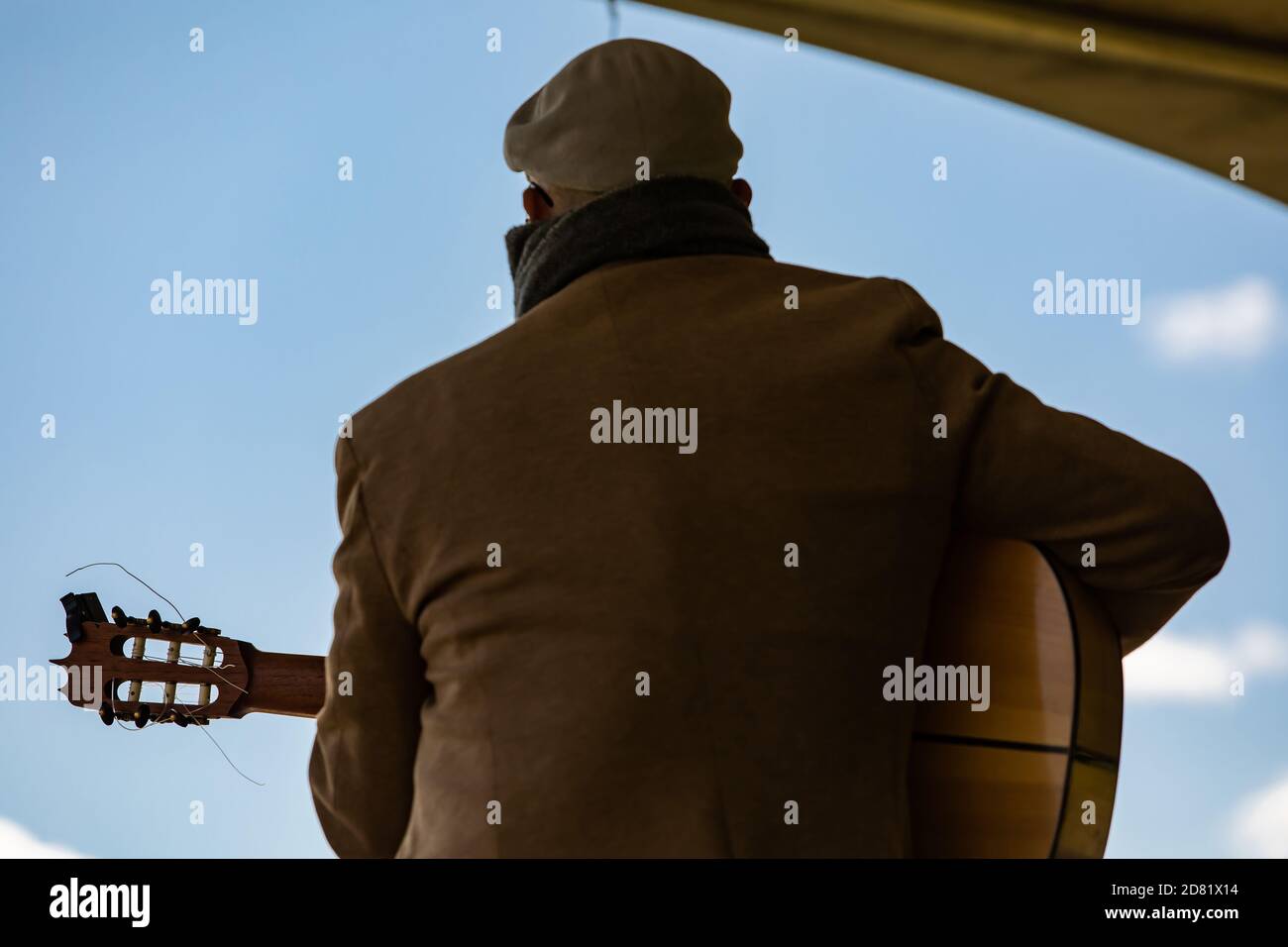 Rear view of male guitarist in formal clothing with hat playing ...