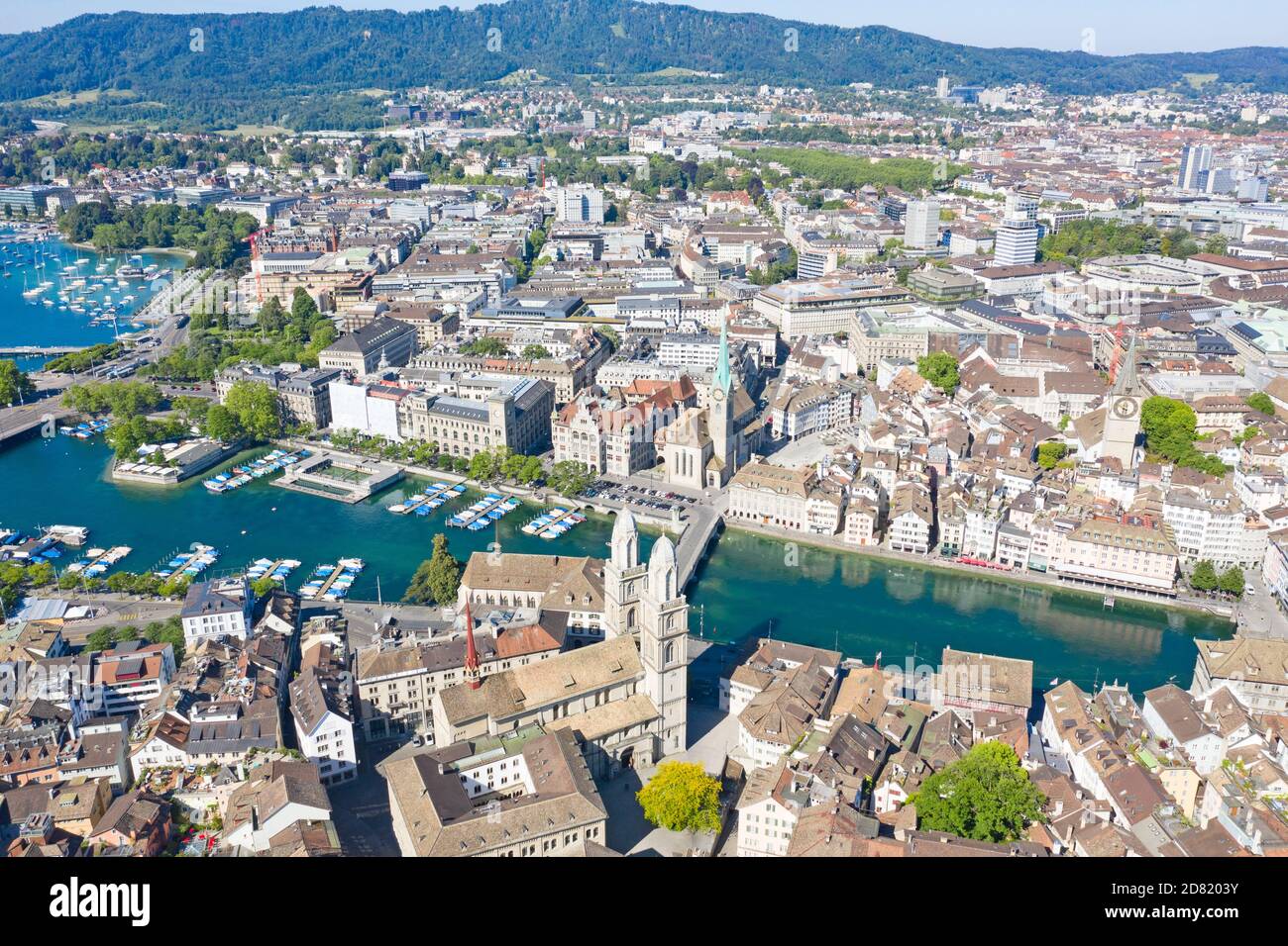 Aerial view of Limmat river and famous Zurich churches. Zurich is ...