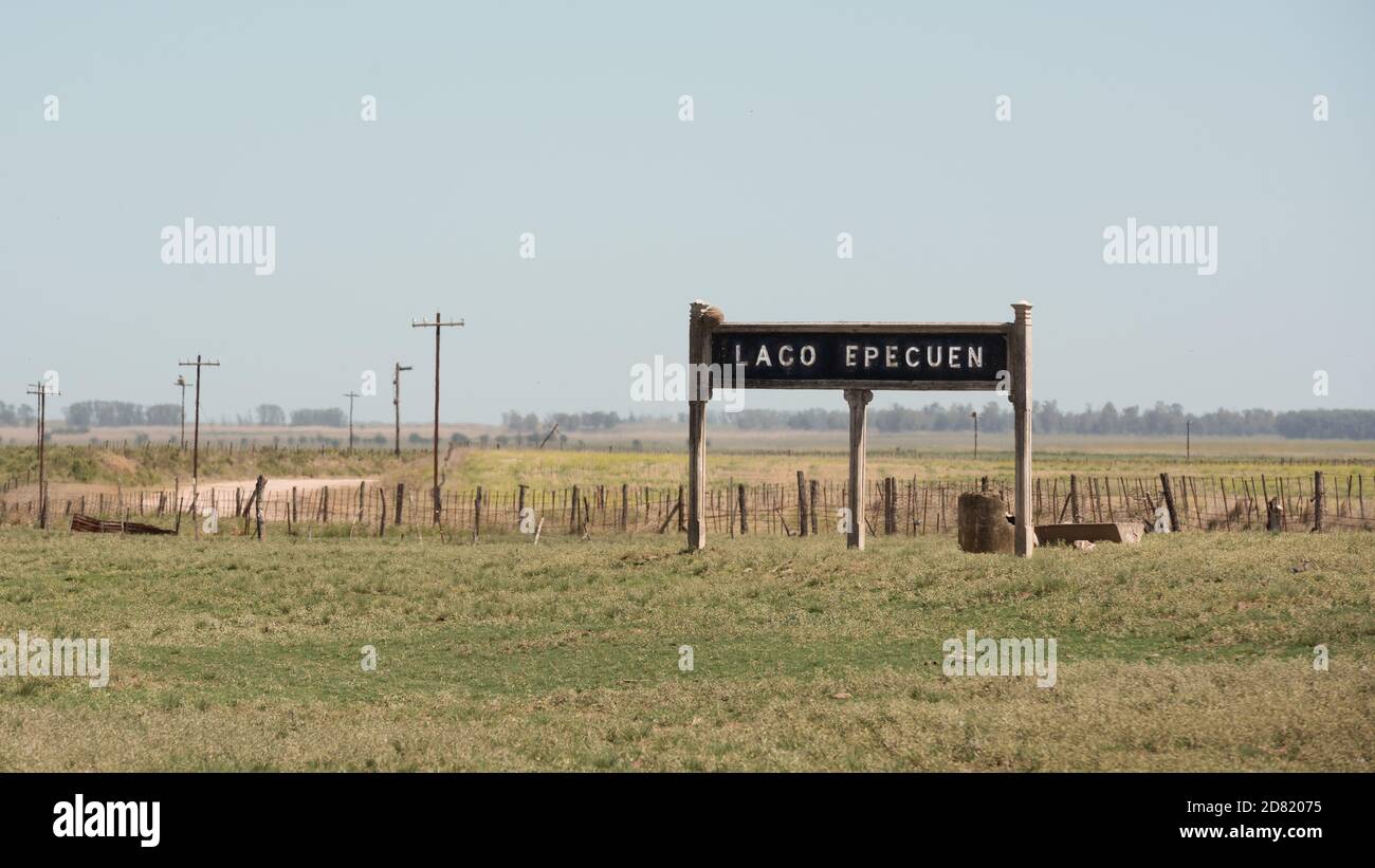 View of the sign in the old train station of Epecuen in Buenos Aires ...