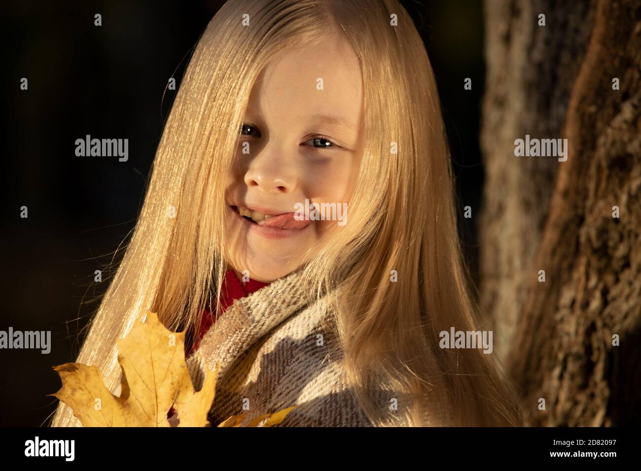little blonde girl in a plaid whip in the park in autumn Stock Photo ...