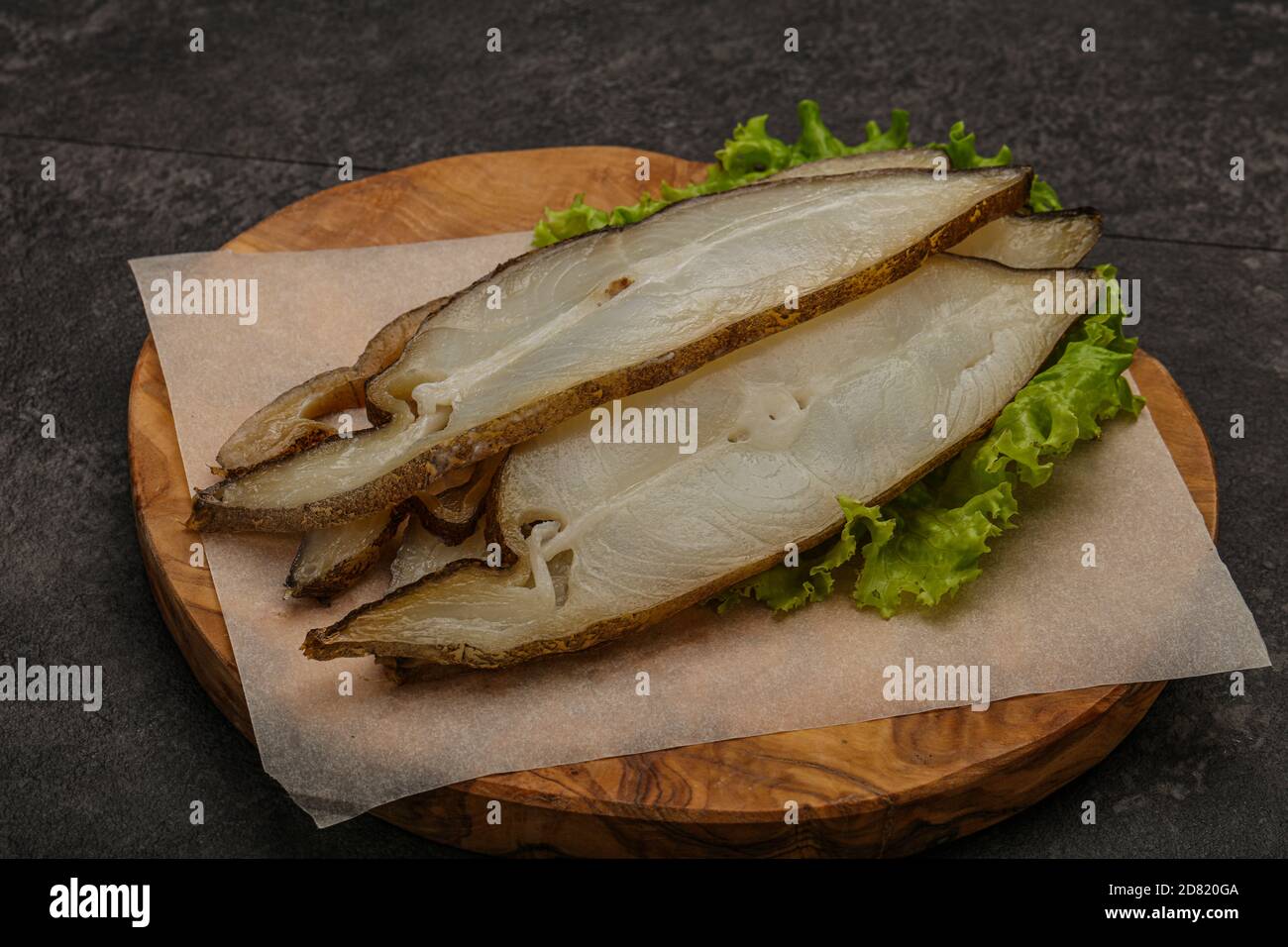 Delicous smoked halibut fish slices snack Stock Photo - Alamy