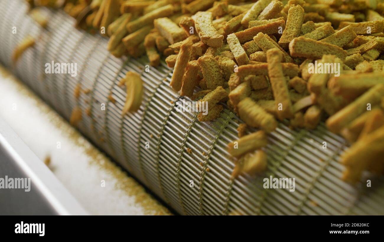 The process of making crackers. Cracker production. Croutons on the ...