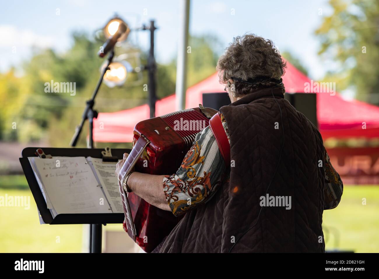 Rear view of mature woman with grey hair wearing and playing accordion ...