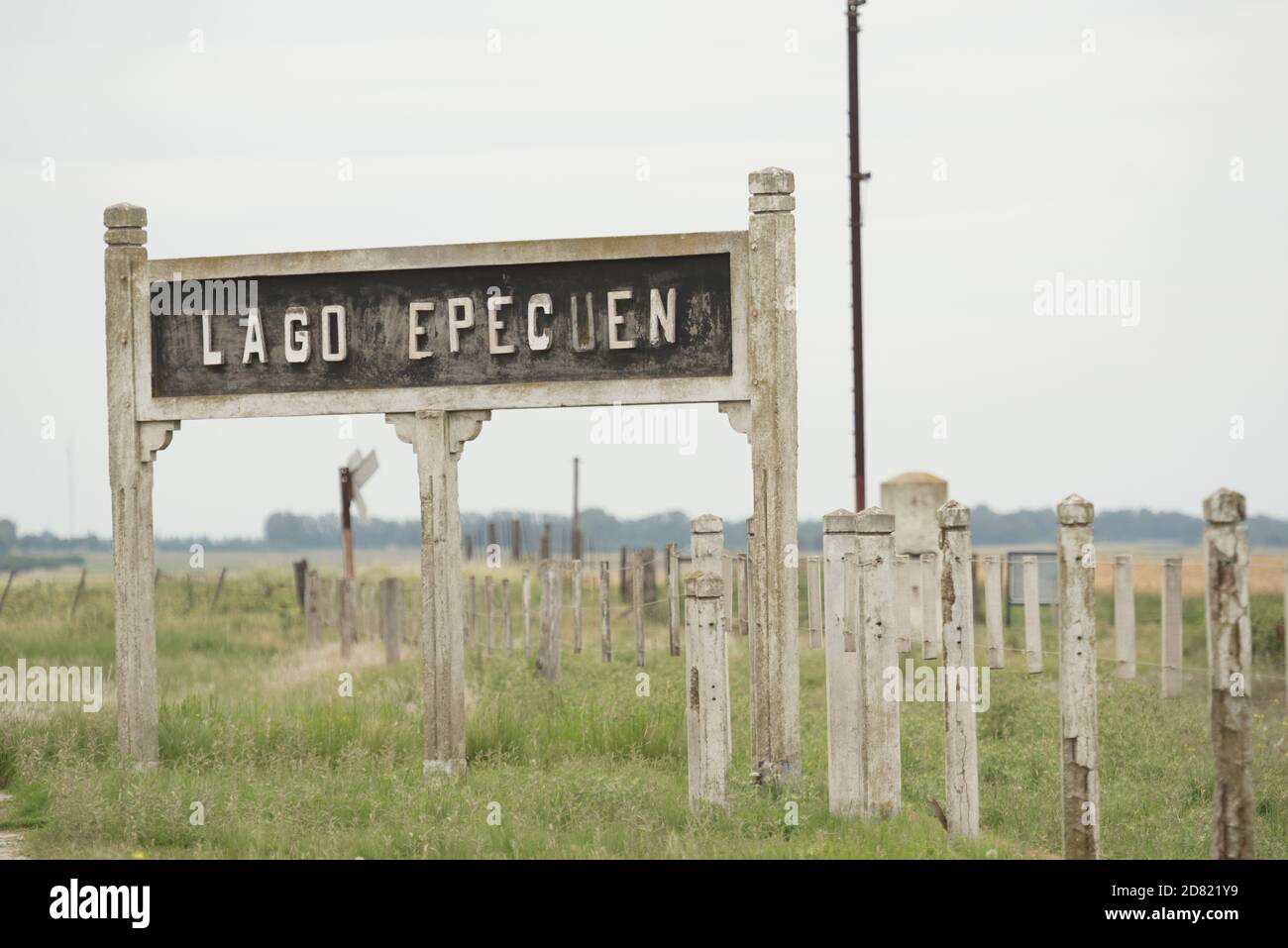 View of the sign in the old train station of Epecuen in Buenos Aires ...