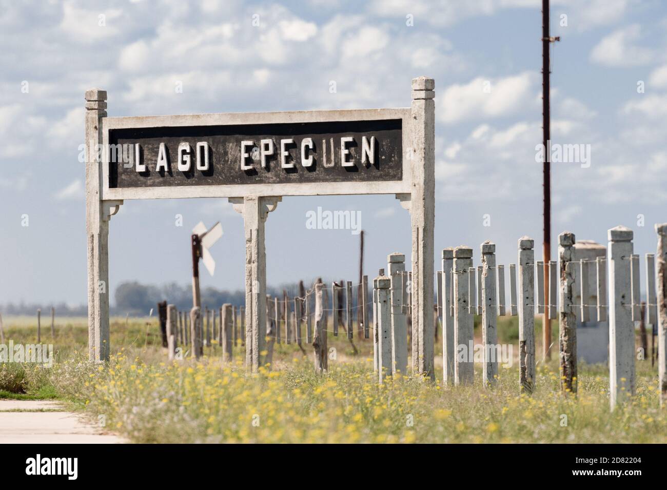View of the sign in the old train station of Epecuen in Buenos Aires ...