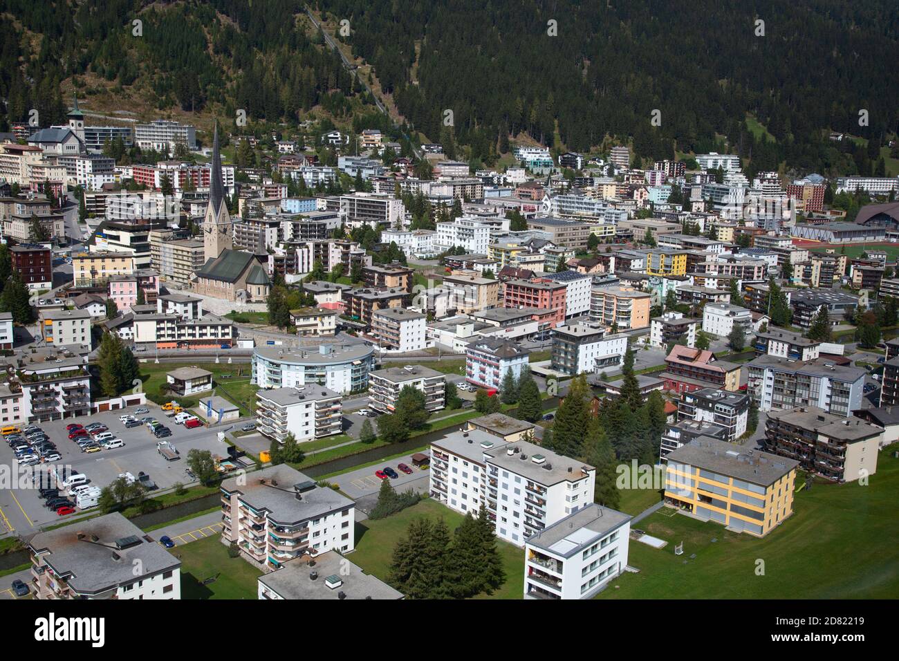 Aerial view of Davos city and lake. Davos is swiss city, famous ...