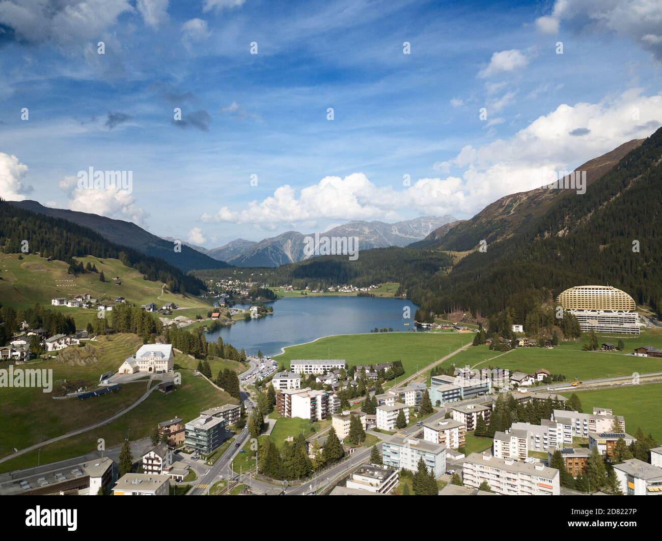 Aerial view of Davos city and lake. Davos is swiss city, famous ...