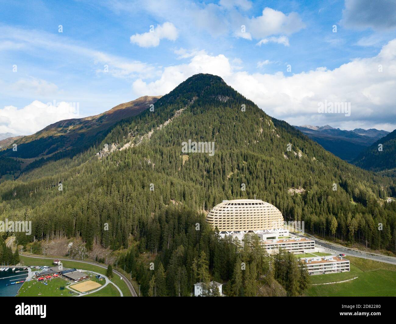 Aerial view of Davos city and lake. Davos is swiss city, famous ...