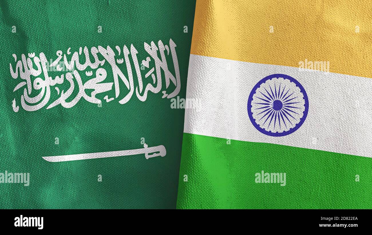 India and Saudi Arabia two flags textile cloth 3D rendering Stock Photo ...