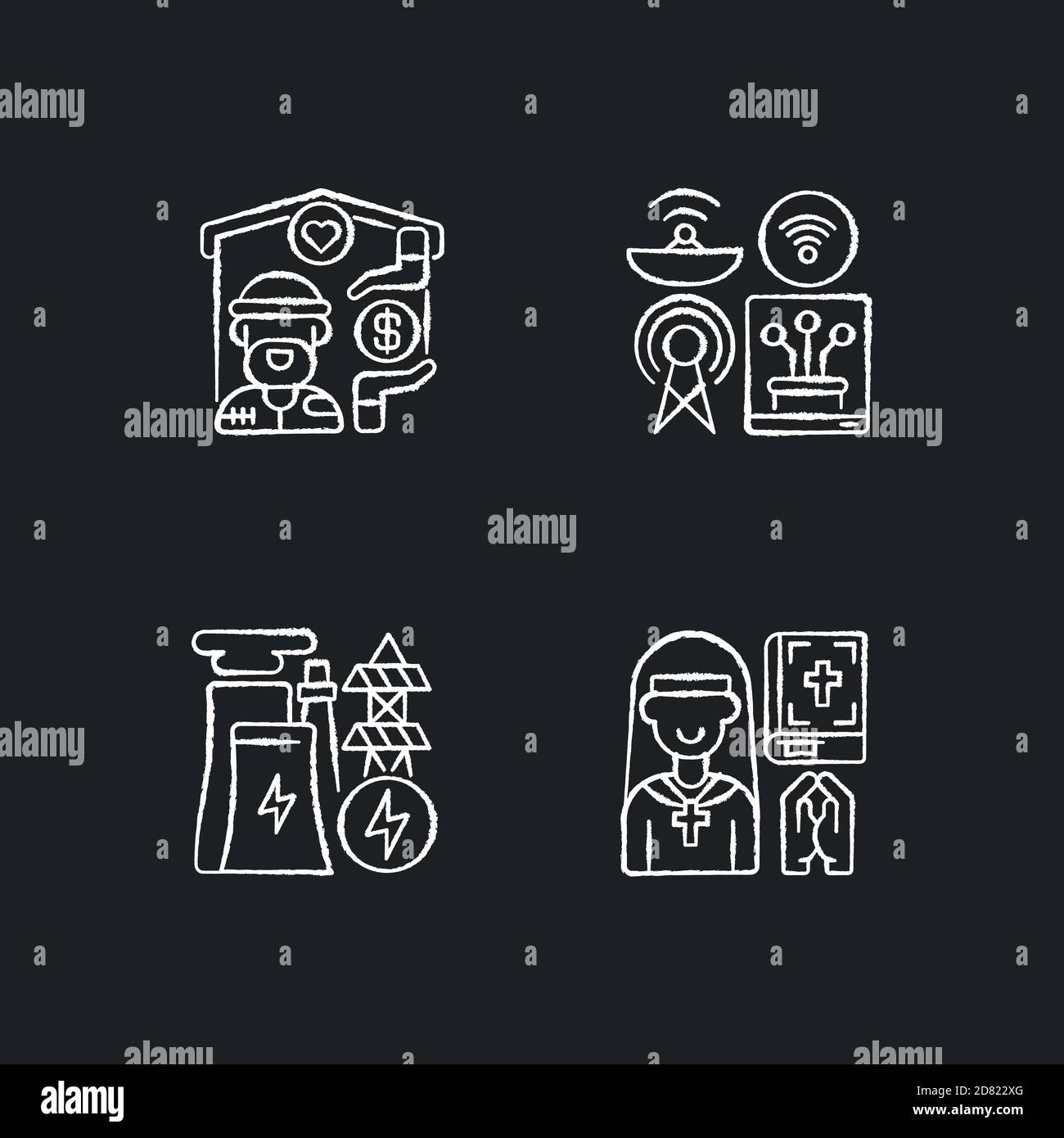 Fundamental services chalk white icons set on black background Stock ...