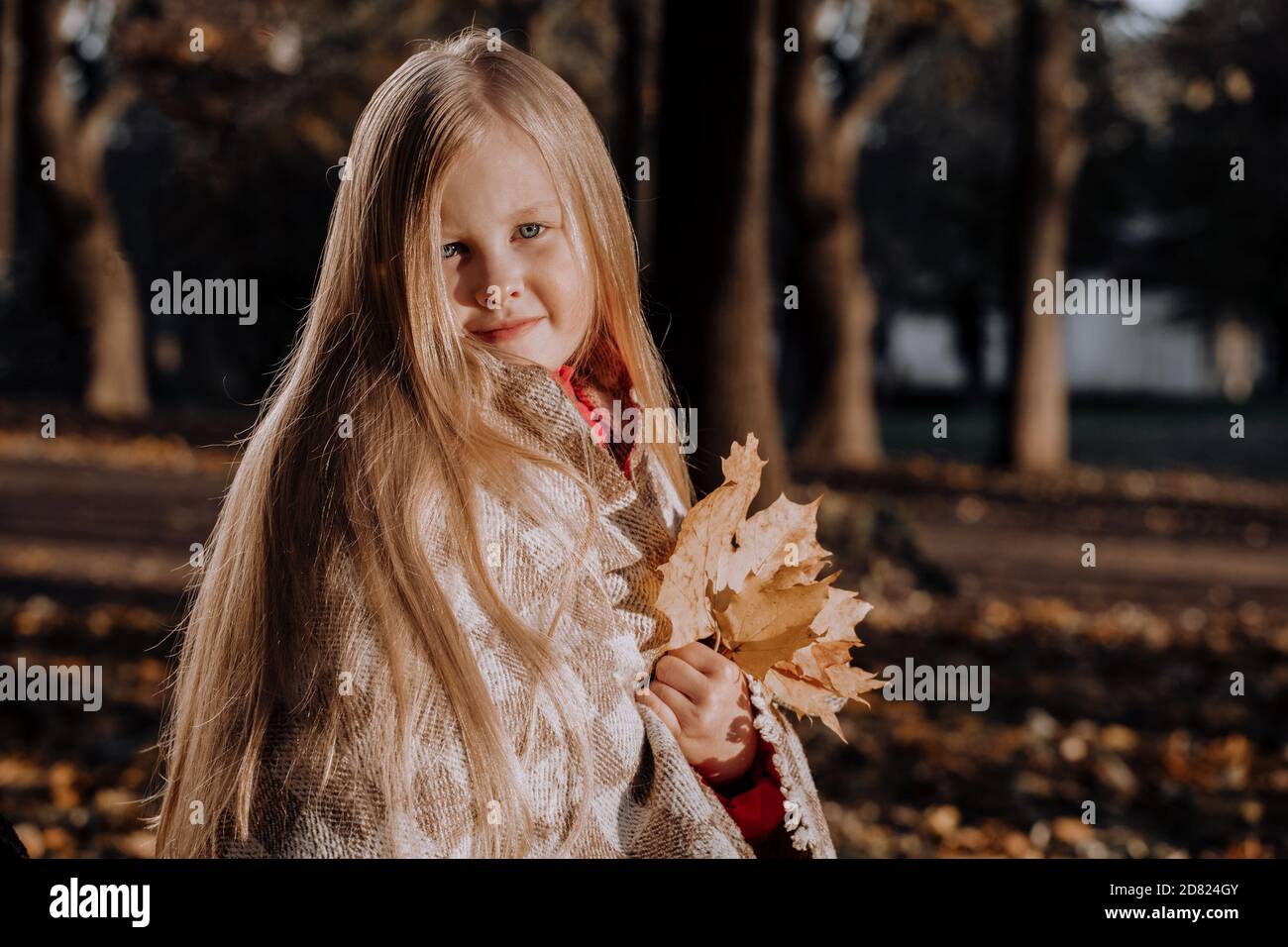 little blonde girl in a plaid whip in the park in autumn Stock Photo ...