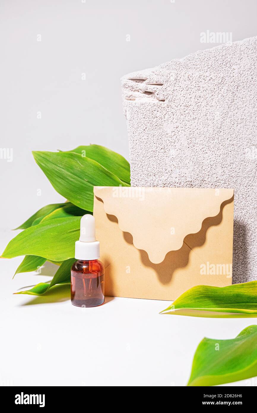 Cosmetology natural presentation banner. Glass dropper bottle with a ...