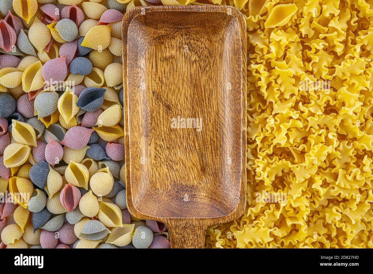 Italian uncooked colored pasta in the shaped of seashells with yellow ...