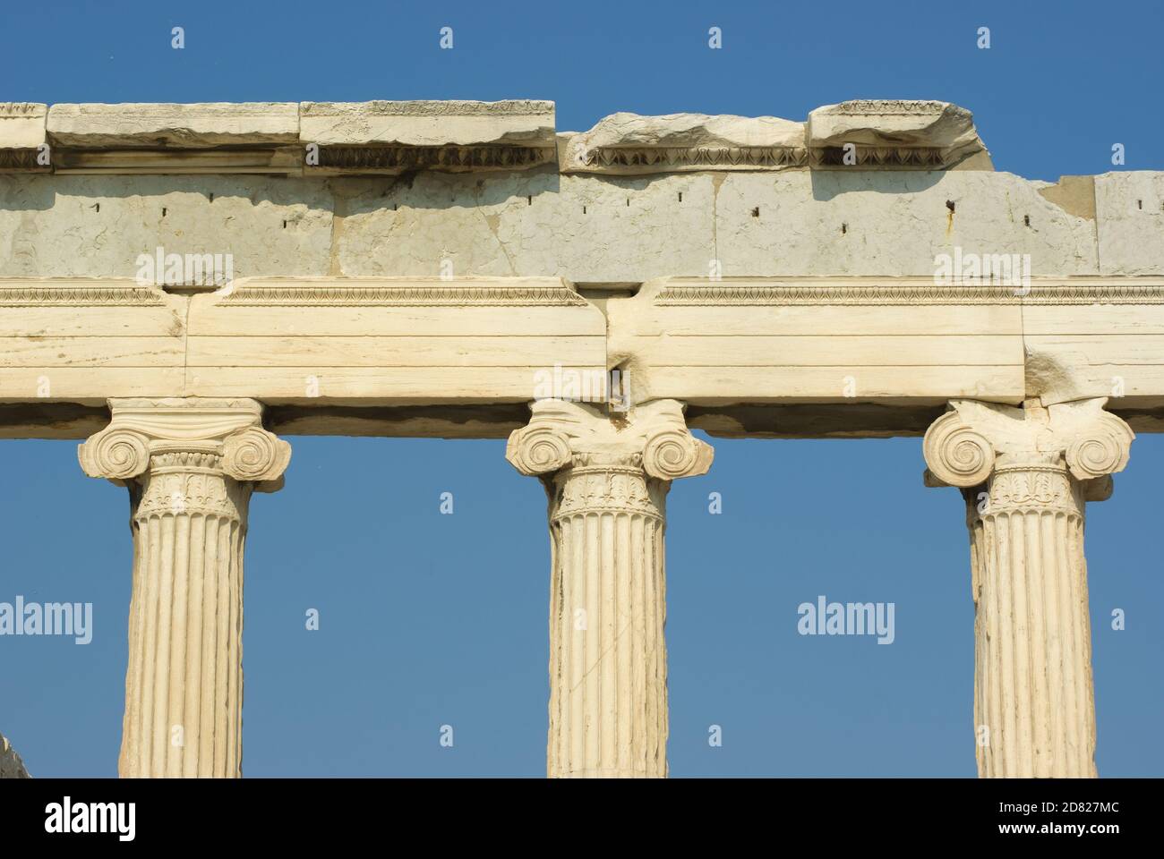 front view of ionic capitals of temple Erechtheum in Acropolis, Athens ...