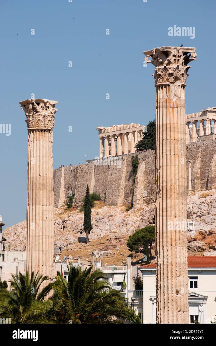 view of Parthenon on Acropolis from columns of temple of Olympian Zeus ...