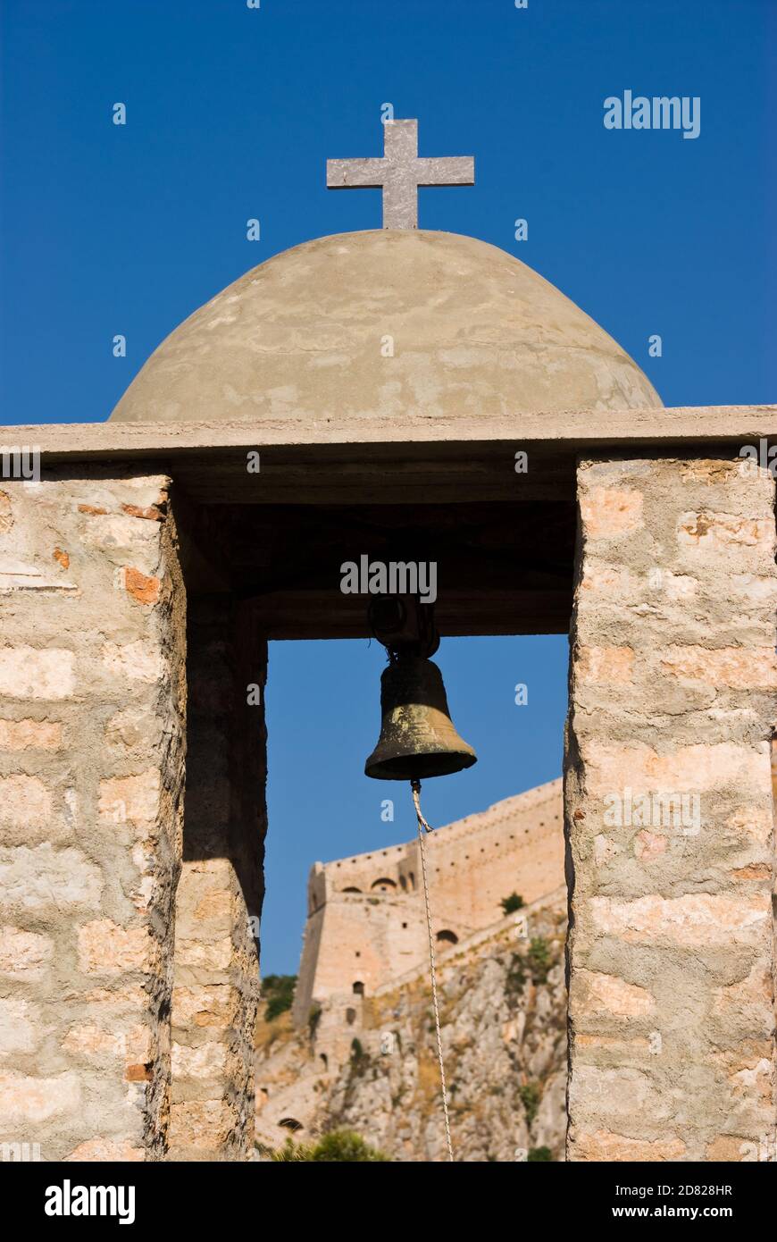 steeple of fortress Acronafplia at Nauplion, on background blurred ...