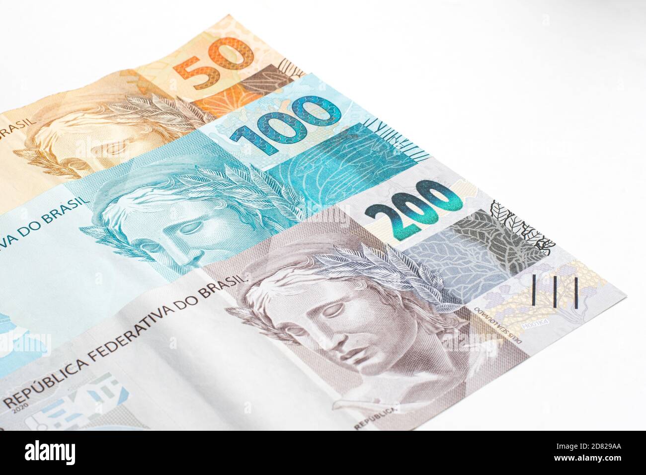 Brazilian money, fifty, one hundred and two hundred real banknote ...