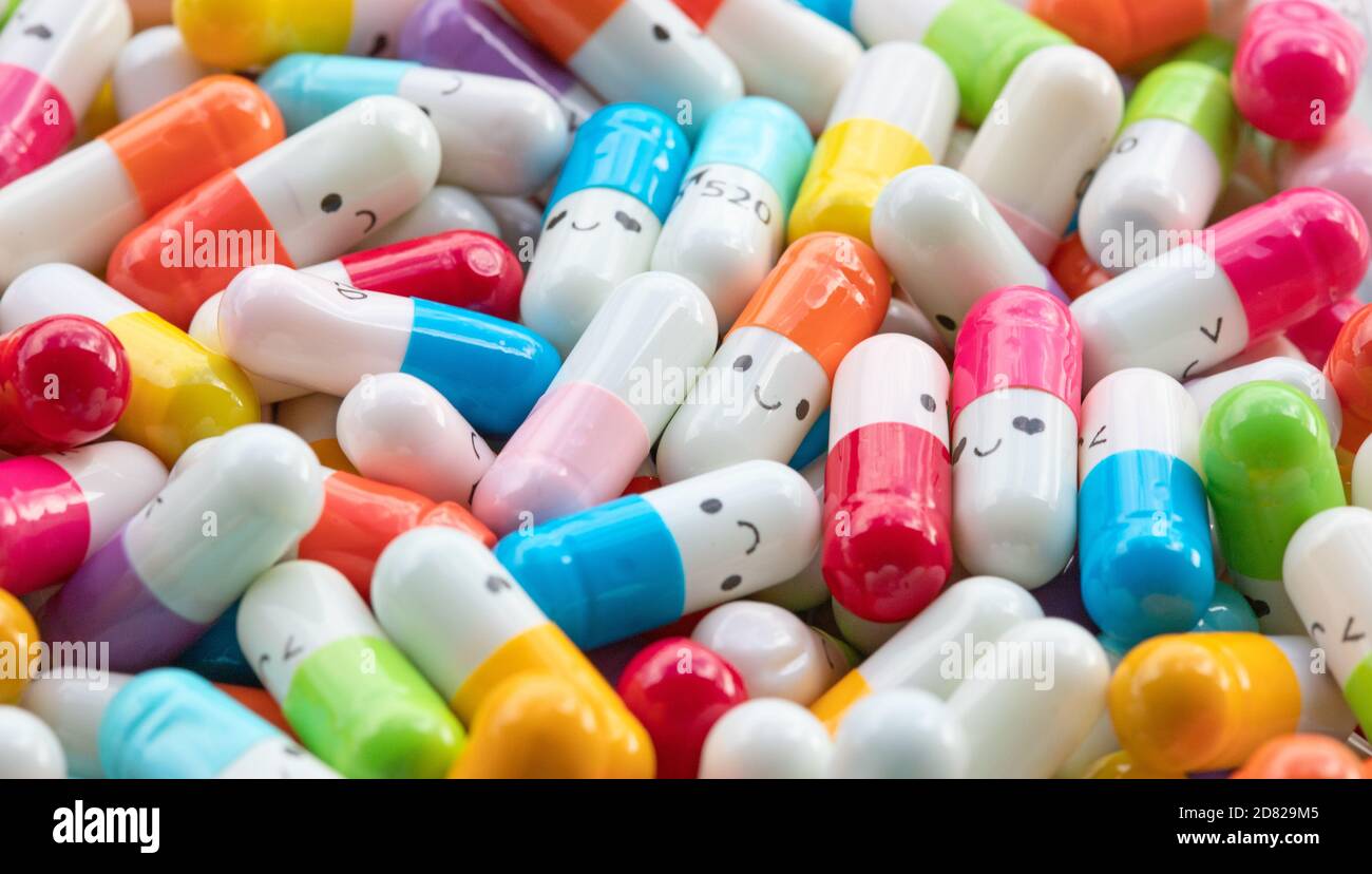 Collection of the colorful capsules with medicines Stock Photo - Alamy