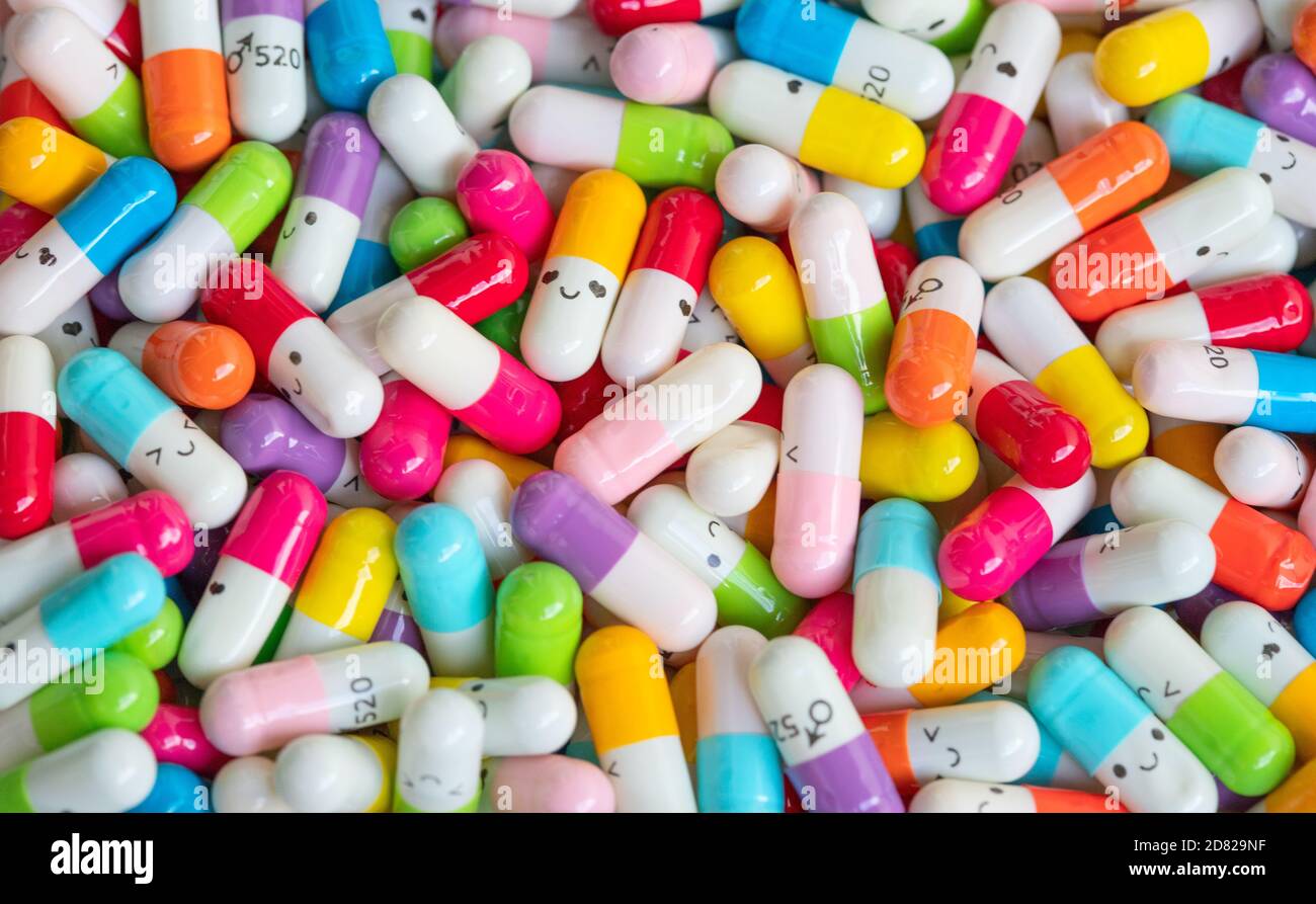 Collection of the colorful capsules with medicines Stock Photo - Alamy