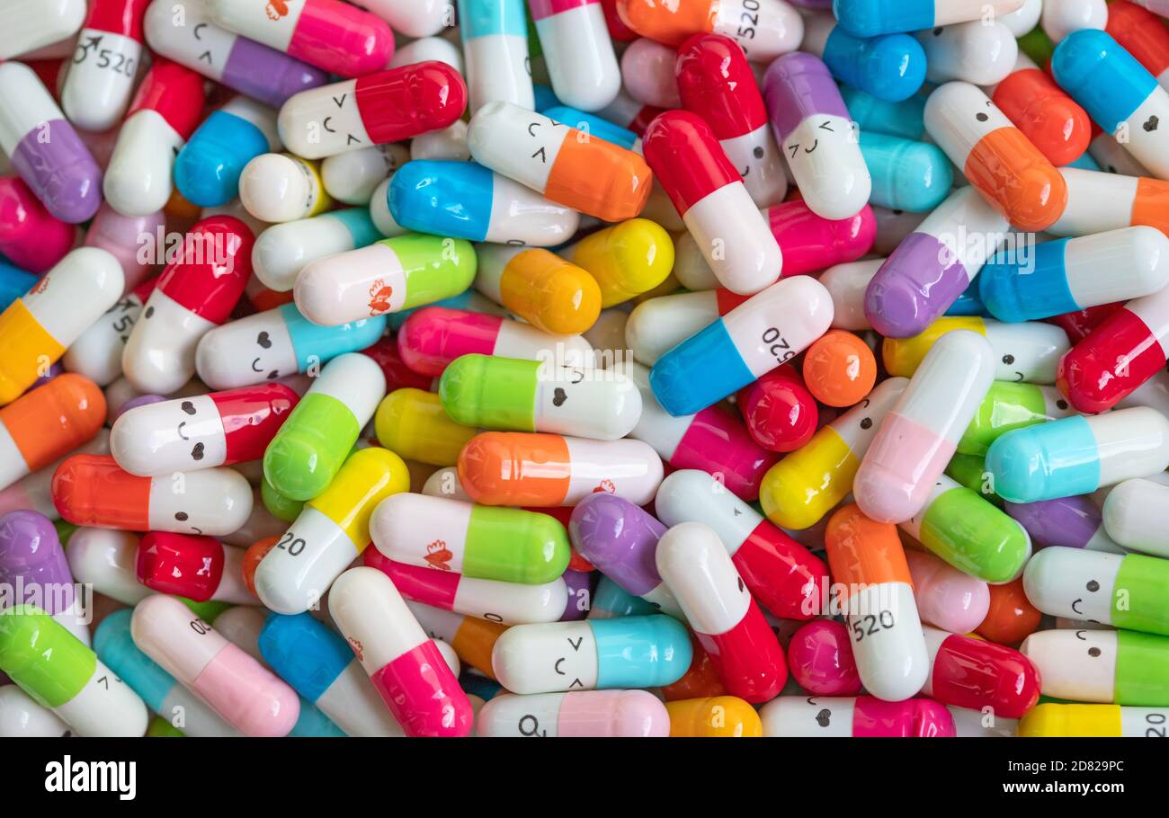 Collection of the colorful capsules with medicines Stock Photo - Alamy