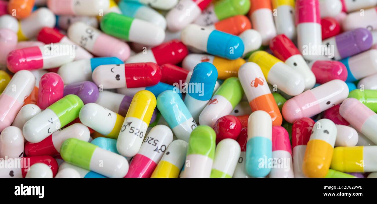 Collection of the colorful capsules with medicines Stock Photo - Alamy
