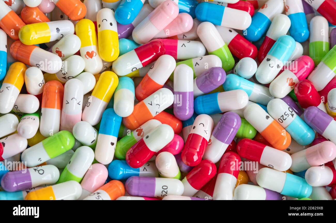 Collection of the colorful capsules with medicines Stock Photo - Alamy