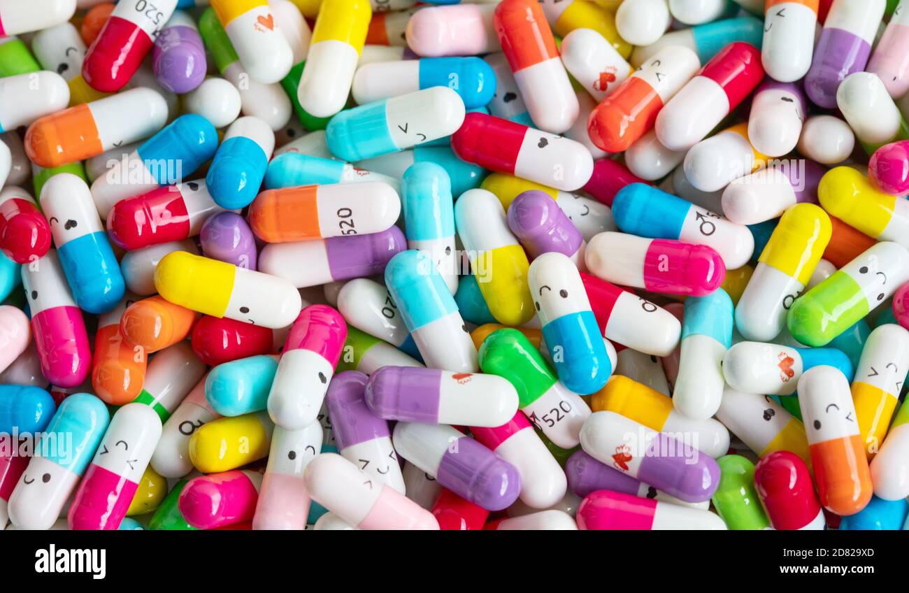 Collection of the colorful capsules with medicines Stock Photo - Alamy