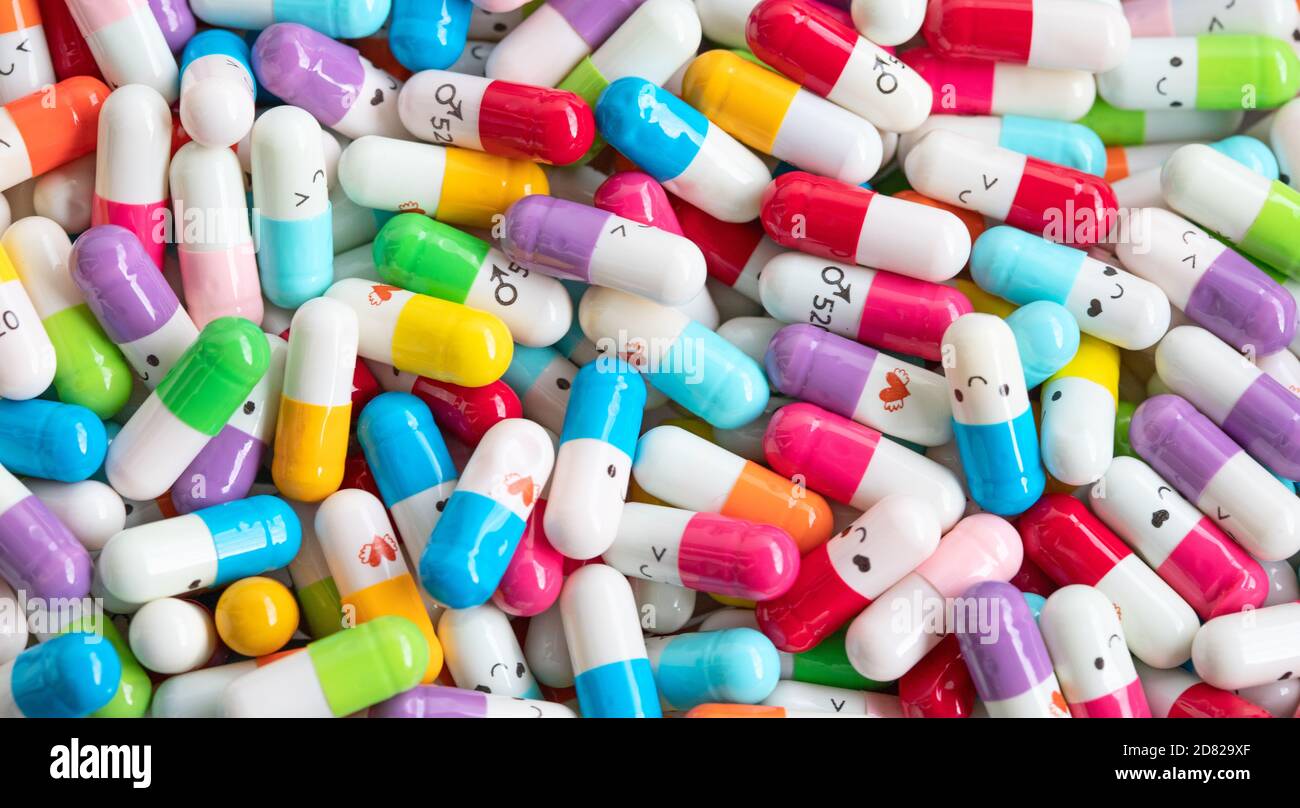 Collection of the colorful capsules with medicines Stock Photo - Alamy