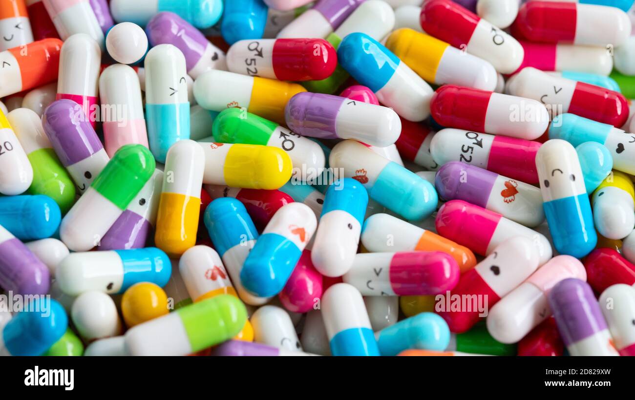 Collection of the colorful capsules with medicines Stock Photo - Alamy