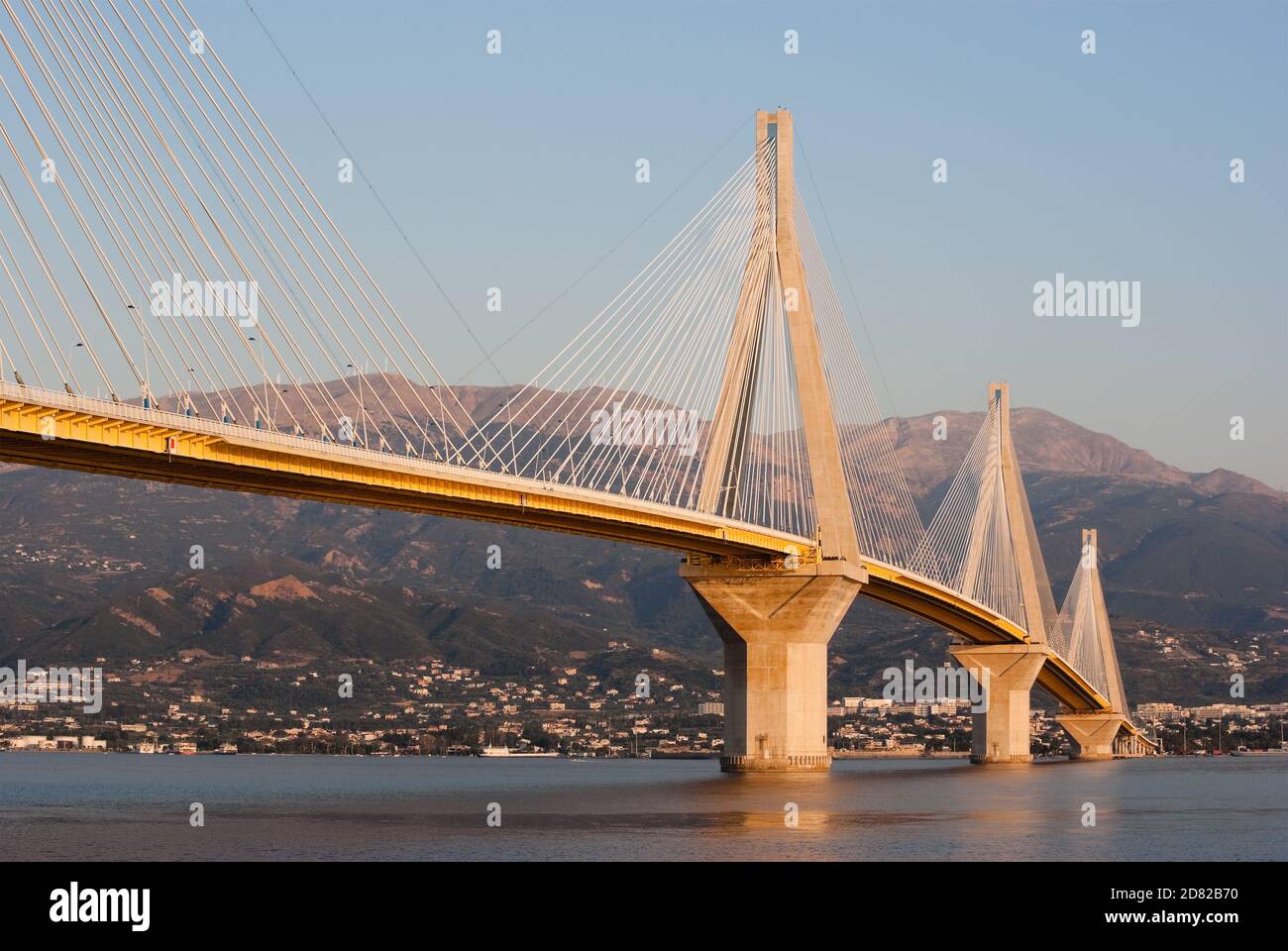 suspension bridge crossing Corinth Gulf strait, Greece. Is the world's ...