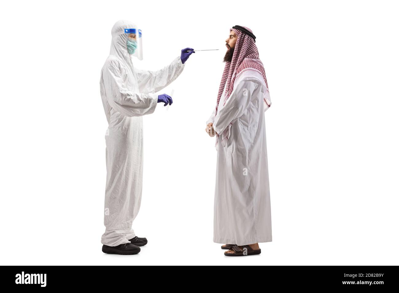 Full length profile shot of an epidemiologist in a hazmat suit testing ...