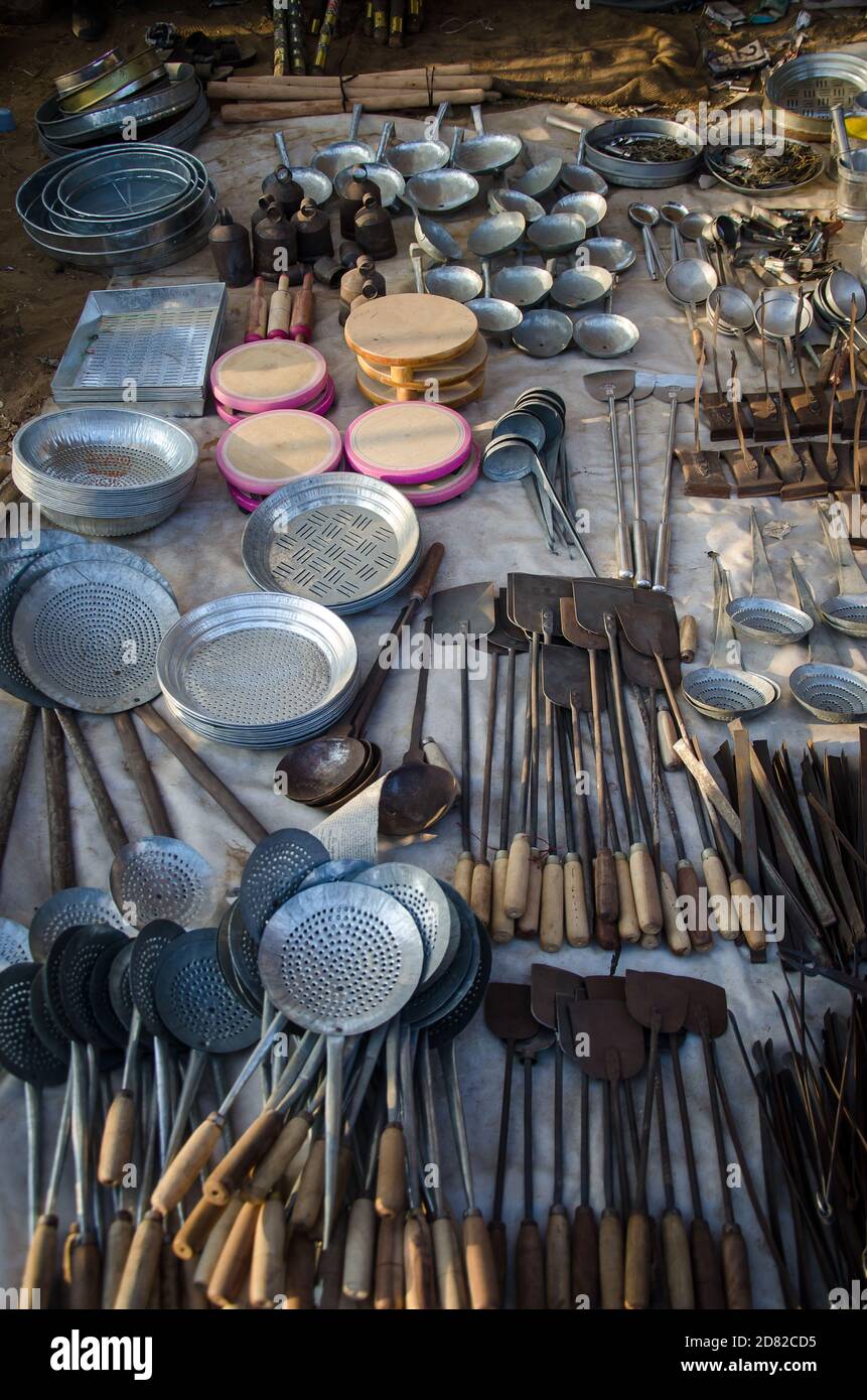 Cooking items for sale at the Pushkar Festival in India Stock Photo - Alamy