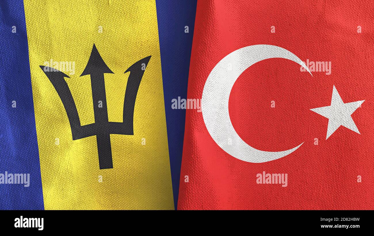 Turkey and Barbados two flags textile cloth 3D rendering Stock Photo ...