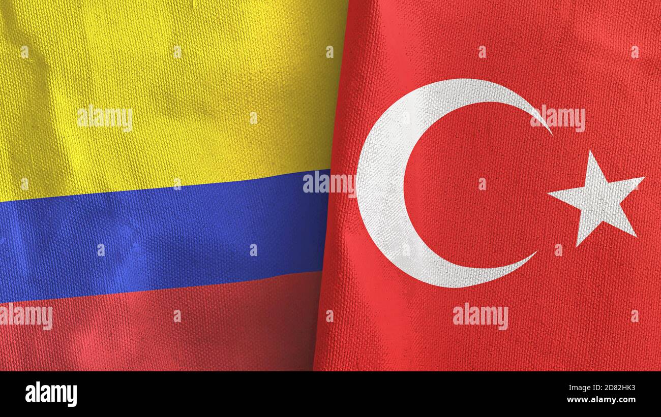 Turkey and Colombia two flags textile cloth 3D rendering Stock Photo ...
