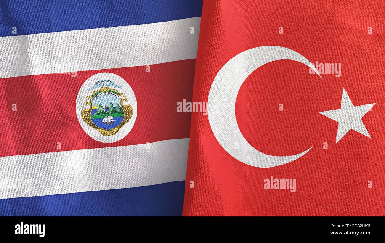 Turkey and Costa Rica two flags textile cloth 3D rendering Stock Photo ...