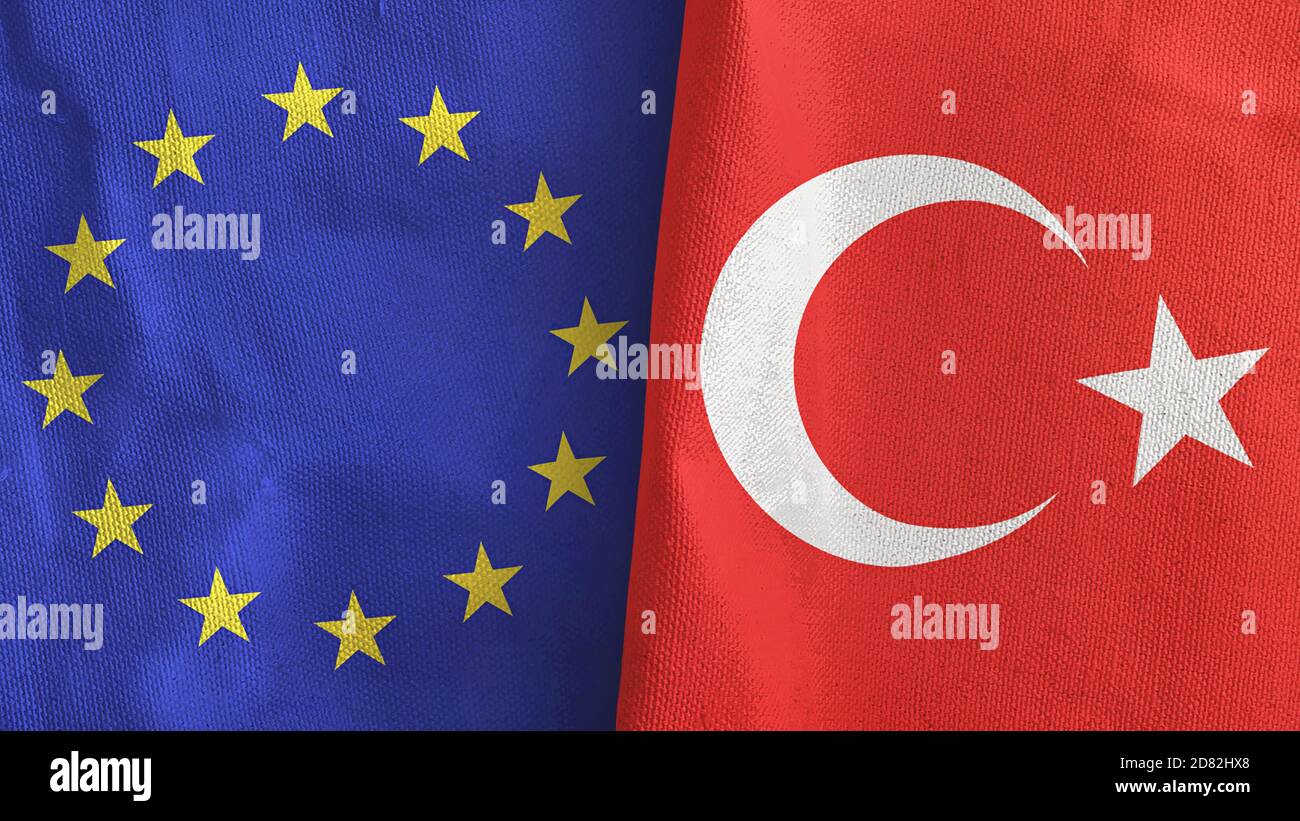 Turkey and European Union two flags textile cloth 3D rendering Stock ...