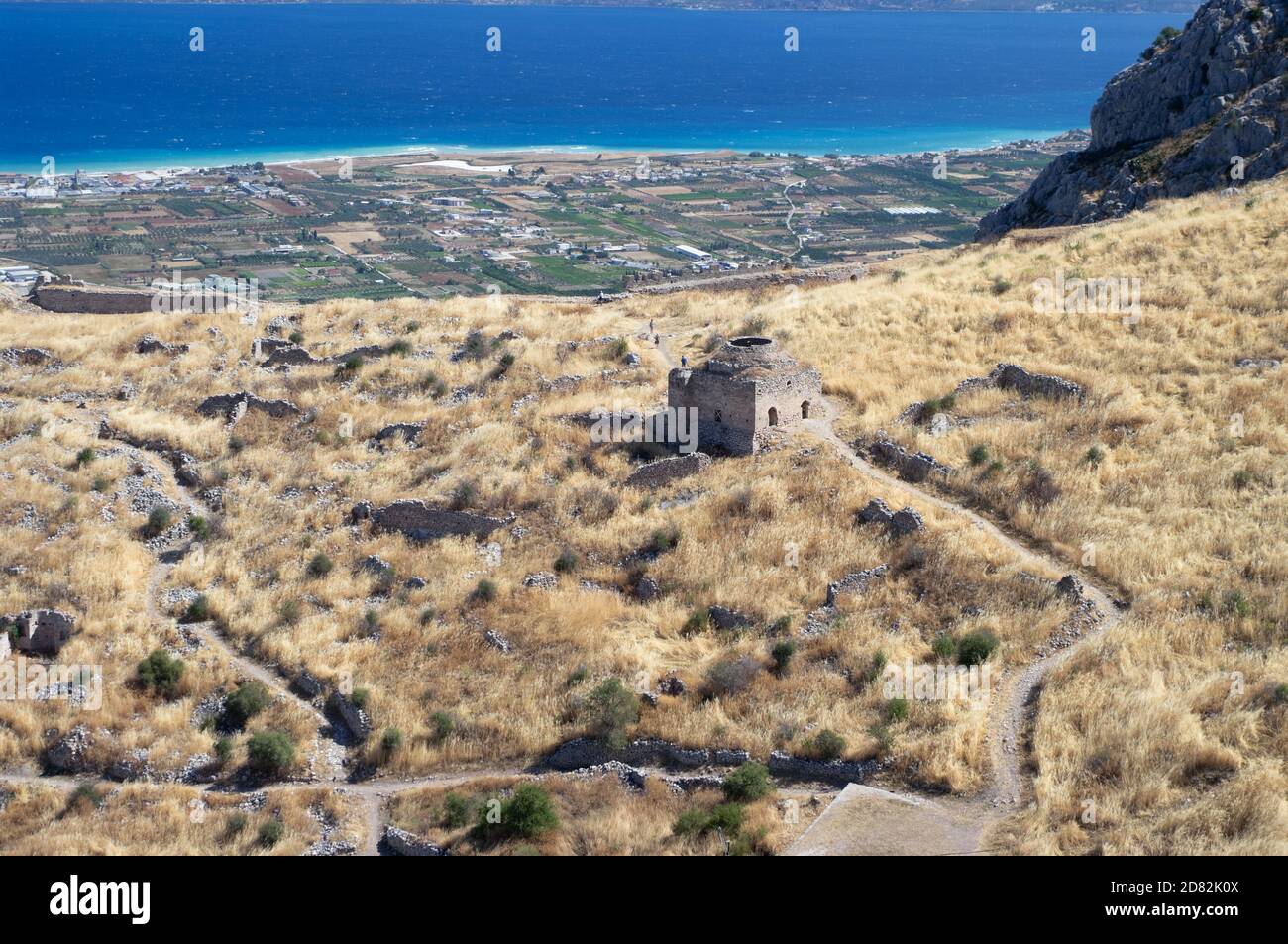 overhead ruins of Mosque on Acrocorinth, acropolis of ancient Corinth ...
