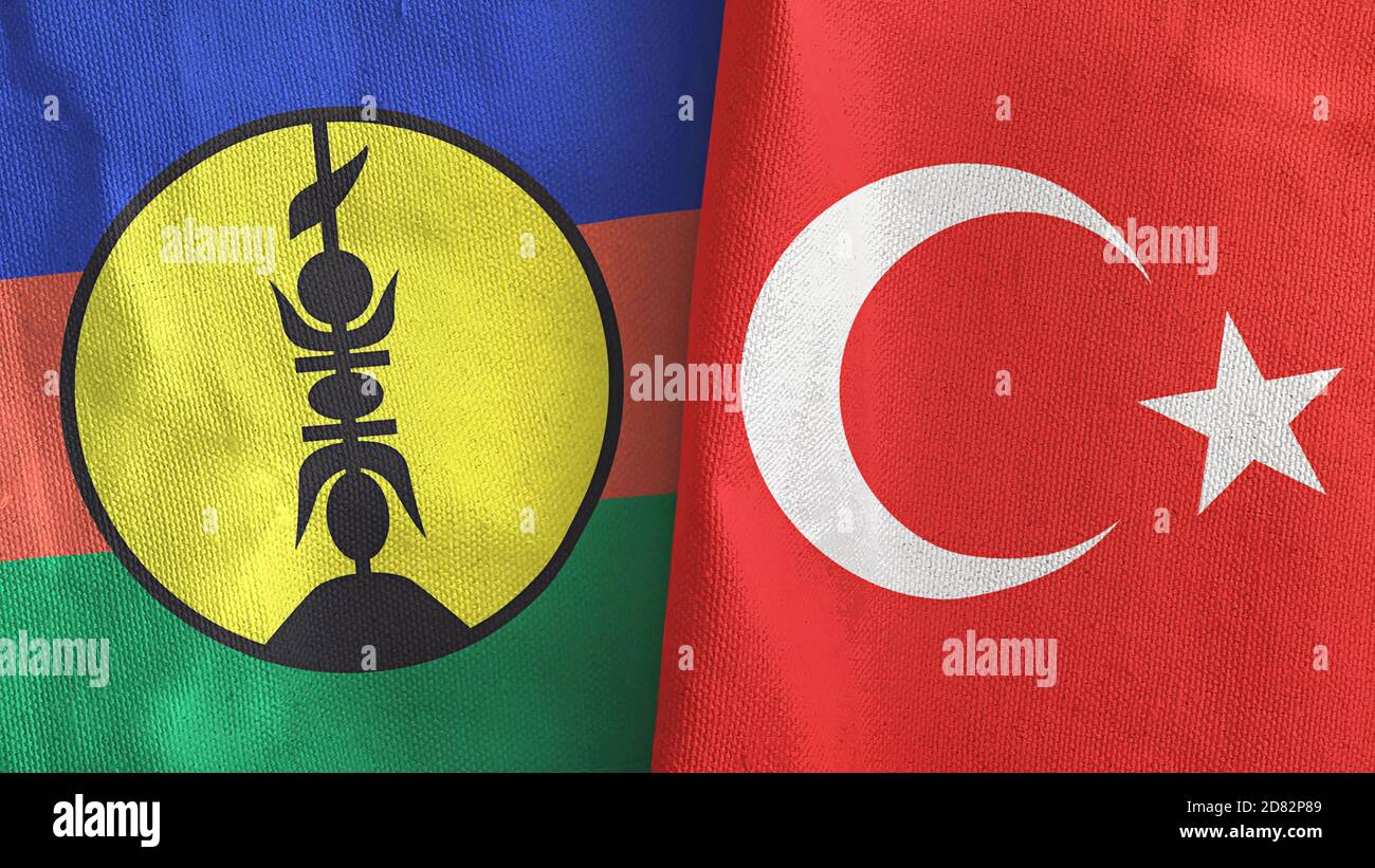 Turkey and New Caledonia two flags textile cloth 3D rendering Stock ...