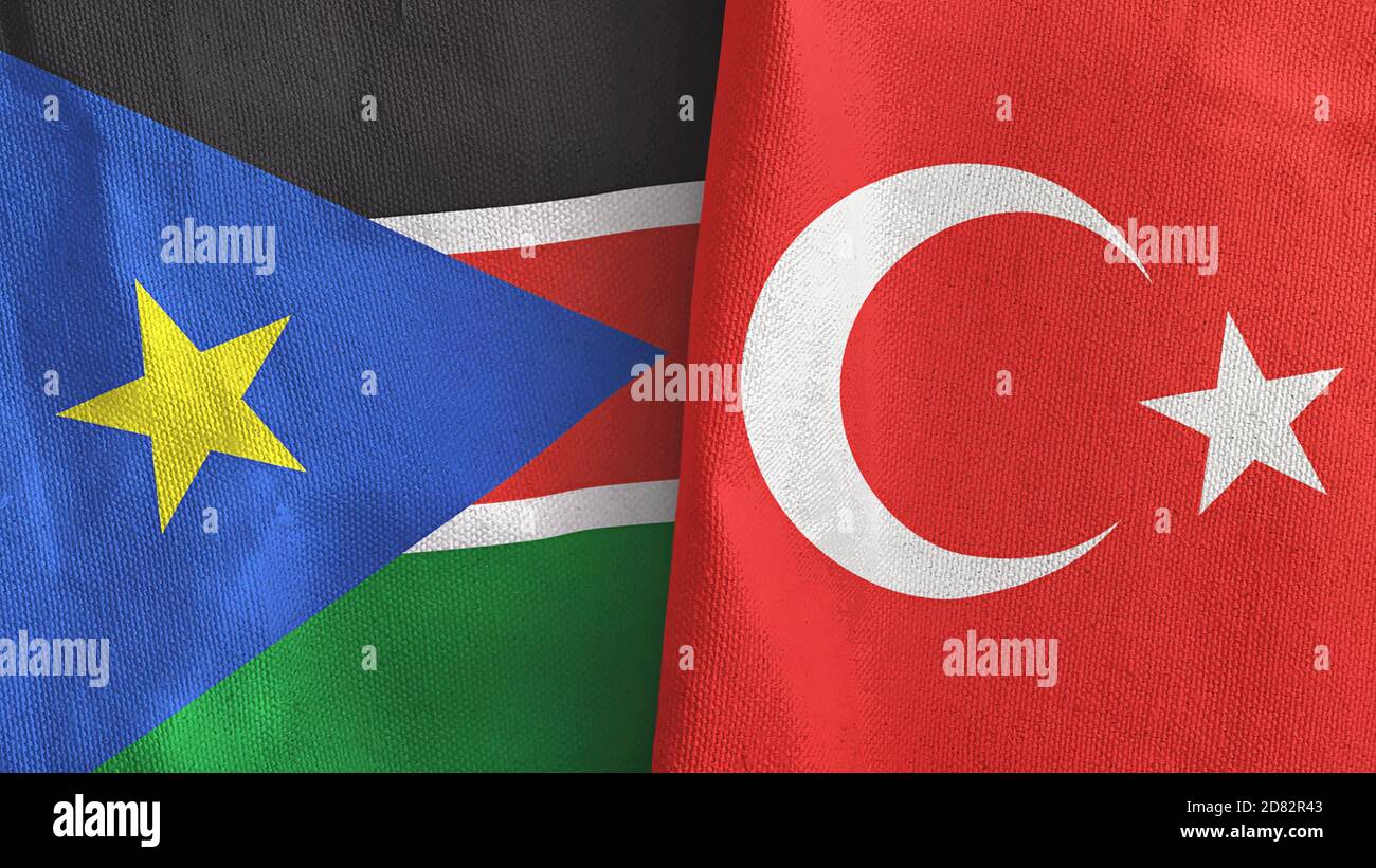 Turkey and South Sudan two flags textile cloth 3D rendering Stock Photo ...