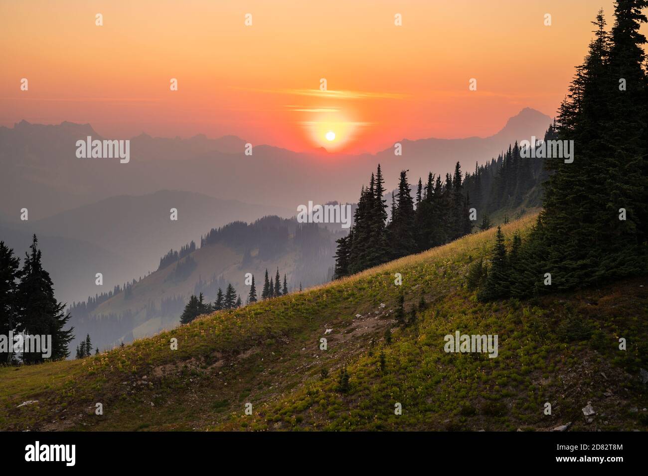 Colorful sunset with smokey skies from wildfires Stock Photo - Alamy