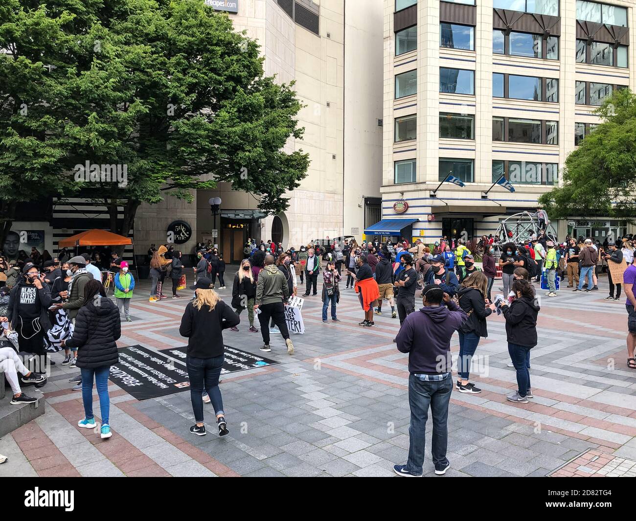 Seattle, USA - Jun 14, 2020: Westlake park BLM protest late in the day ...